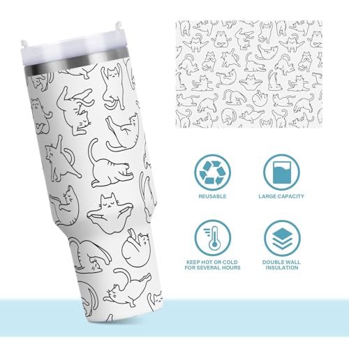 Joisal Cartoon Doodle Comic Cats 40 Oz Iced Coffee Tumbler with Handle and Straw Lid Travel Coffee Mug