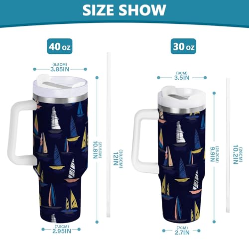 Joisal Hand Drawing Colorful Sailboat Tumbler Cup with Handle and Straw Ice Coffee Cups 40 Oz Stainless Steel Tumbler