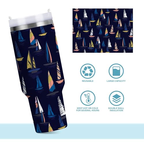 Joisal Hand Drawing Colorful Sailboat Tumbler Cup with Handle and Straw Ice Coffee Cups 40 Oz Stainless Steel Tumbler