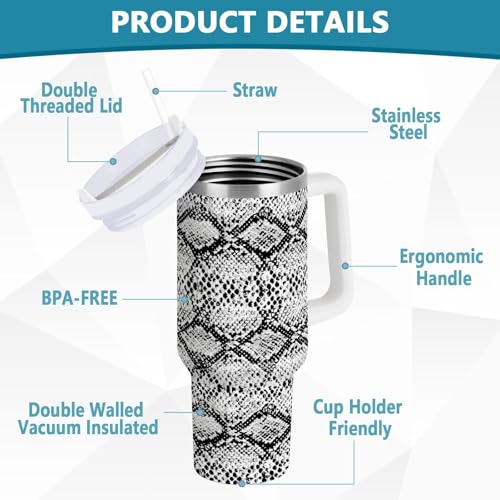 Joisal Black Snakeskin Texture Travel Tumbler Reusable Insulated Water Bottle with Handle Coffee Mug