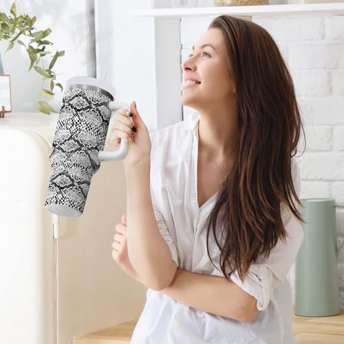 Joisal Black Snakeskin Texture Travel Tumbler Reusable Insulated Water Bottle with Handle Coffee Mug