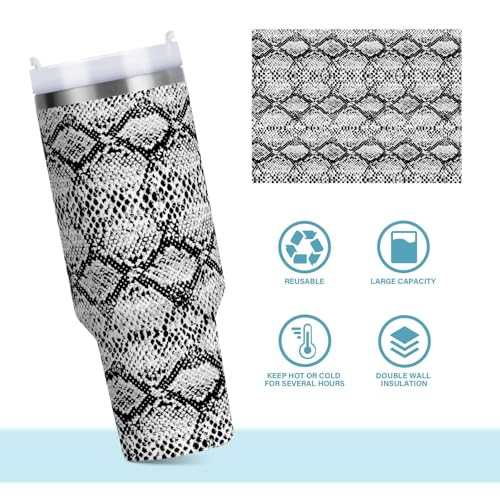Joisal Black Snakeskin Texture Travel Tumbler Reusable Insulated Water Bottle with Handle Coffee Mug
