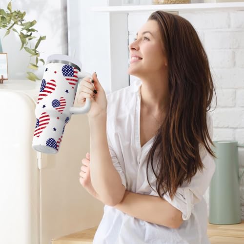 Joisal American Flag Hearts Pattern Insulated Tumbler Reusable Water Bottle with Straw Water Cups