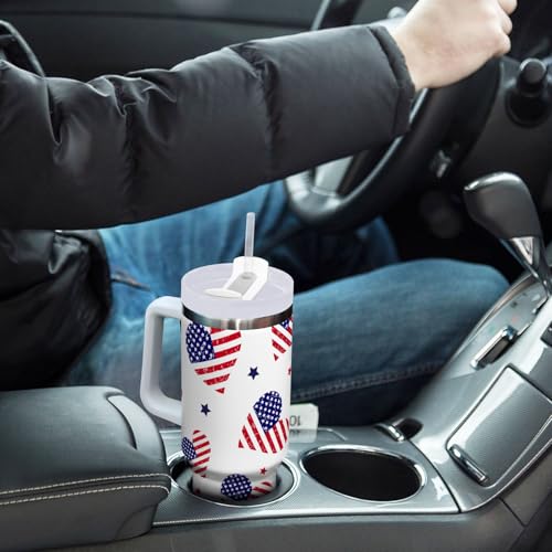 Joisal American Flag Hearts Pattern Insulated Tumbler Reusable Water Bottle with Straw Water Cups