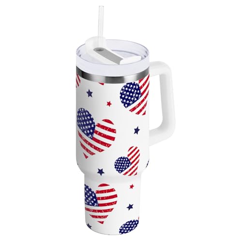 Joisal American Flag Hearts Pattern Insulated Tumbler Reusable Water Bottle with Straw Water Cups