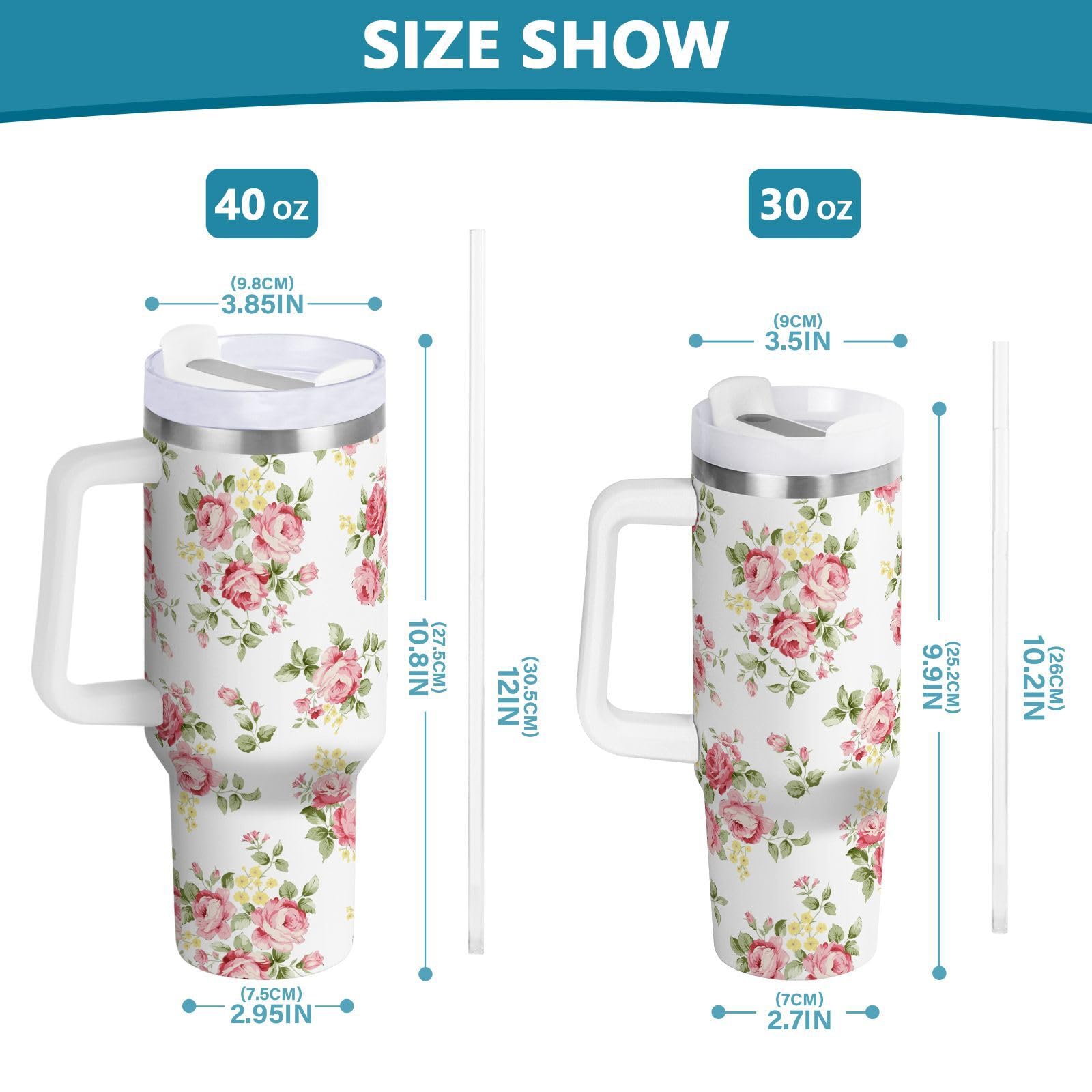 Joisal Rose Flower Floral Coffee Tumbler 40 Oz Coffee Cups with Handle and Straw Lid