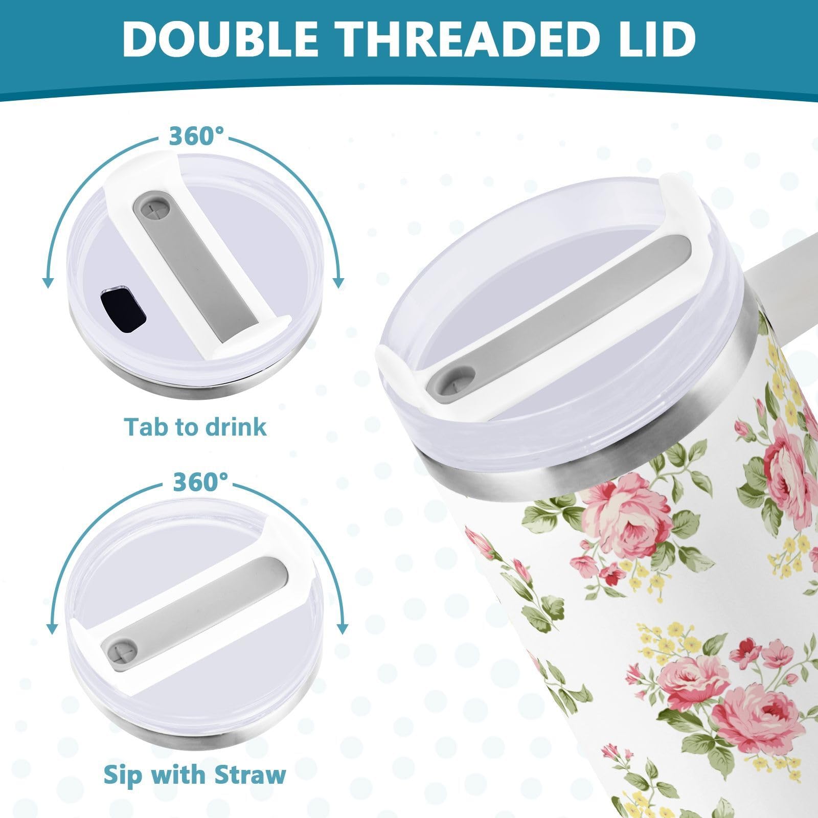 Joisal Rose Flower Floral Coffee Tumbler 40 Oz Coffee Cups with Handle and Straw Lid