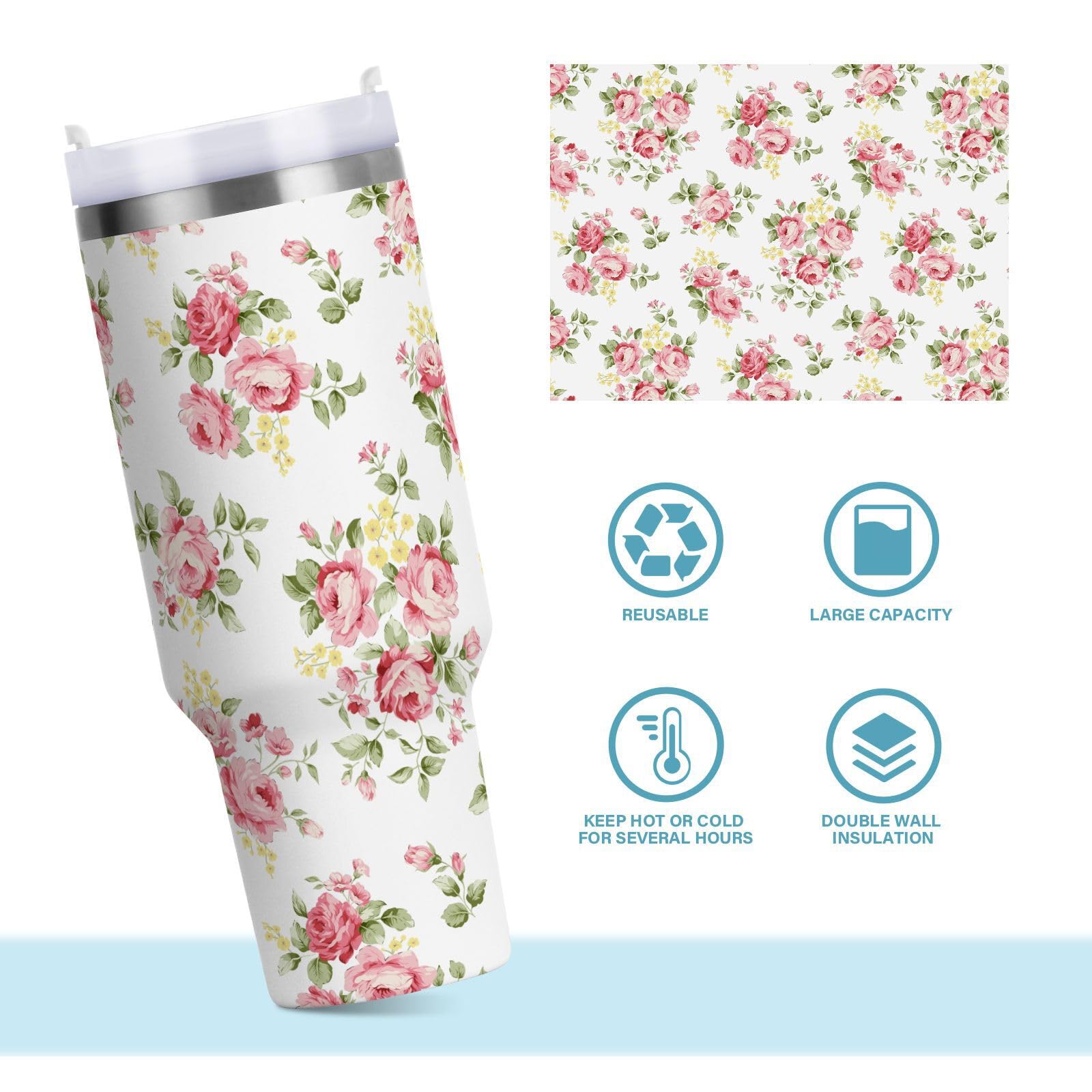 Joisal Rose Flower Floral Coffee Tumbler 40 Oz Coffee Cups with Handle and Straw Lid