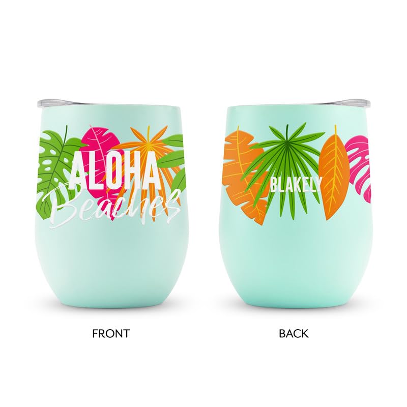 WEDDINGSTAR Personalized Stemless Travel Tumbler 12oz – Insulated Stainless Steel Wine Glass with Lid - Aloha Beaches - Blue