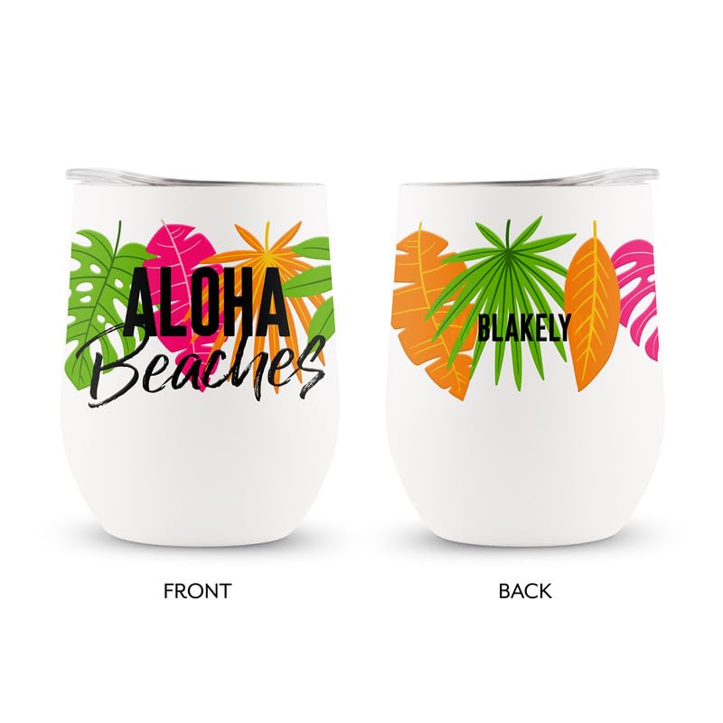 WEDDINGSTAR Personalized Stemless Travel Tumbler 12oz – Insulated Stainless Steel Wine Glass with Lid - Aloha Beaches - White
