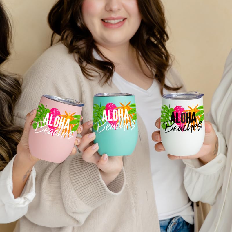 WEDDINGSTAR Personalized Stemless Travel Tumbler 12oz – Insulated Stainless Steel Wine Glass with Lid - Aloha Beaches - White