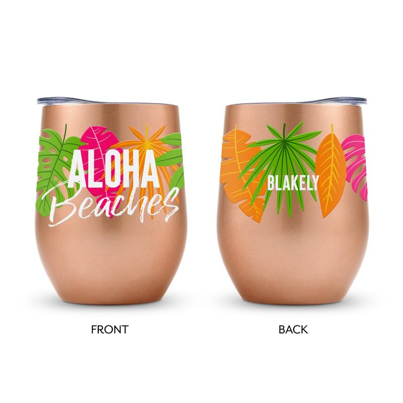 WEDDINGSTAR Personalized Stemless Travel Tumbler 12oz – Insulated Stainless Steel Wine Glass with Lid - Aloha Beaches - Rose Gold