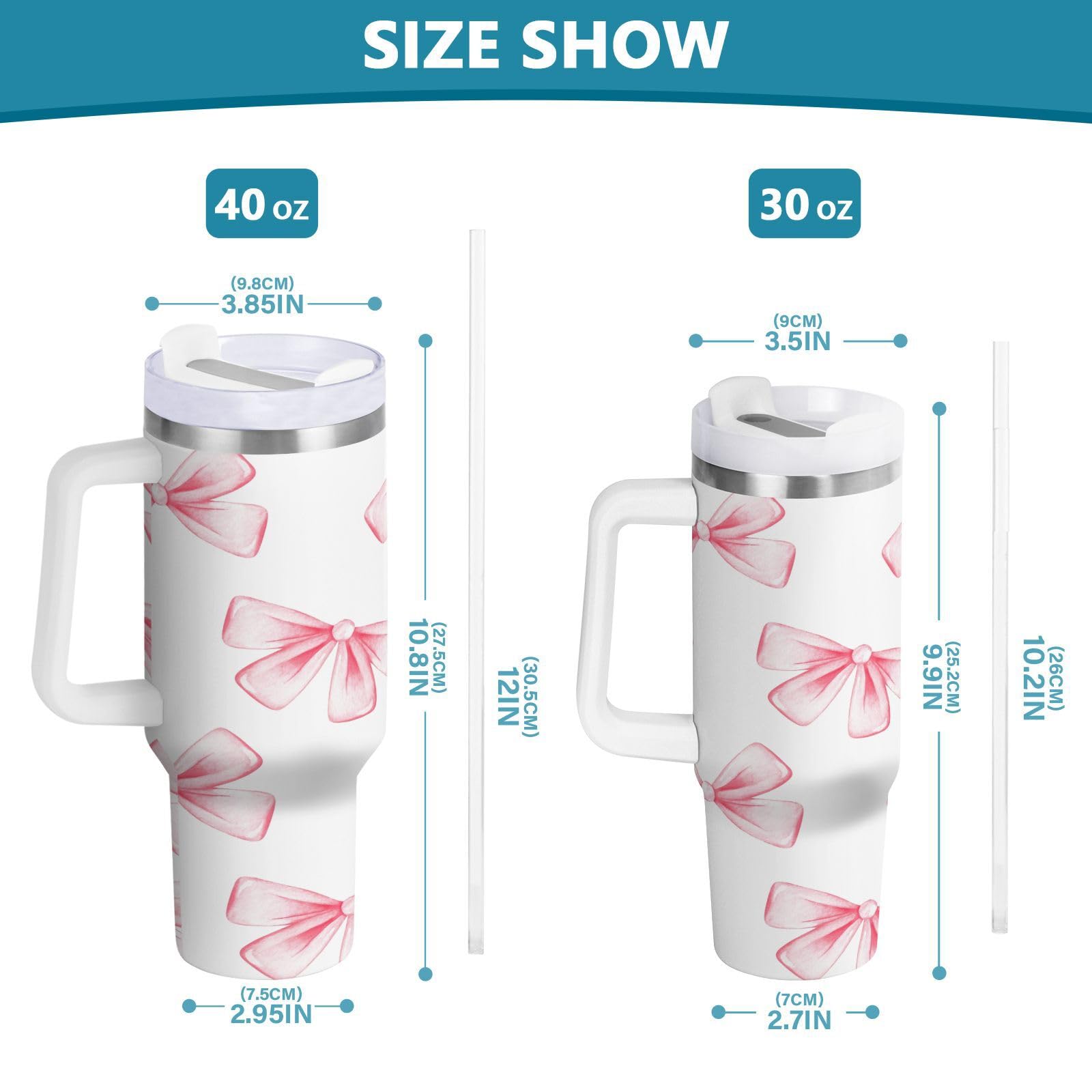 KEEPREAL 40 oz Pink Bow Tie Tumbler with Handle, Insulated Sports Water Bottle with Lid and Straw, Thermal Stainless Steel Travel Coffee Mug Cup