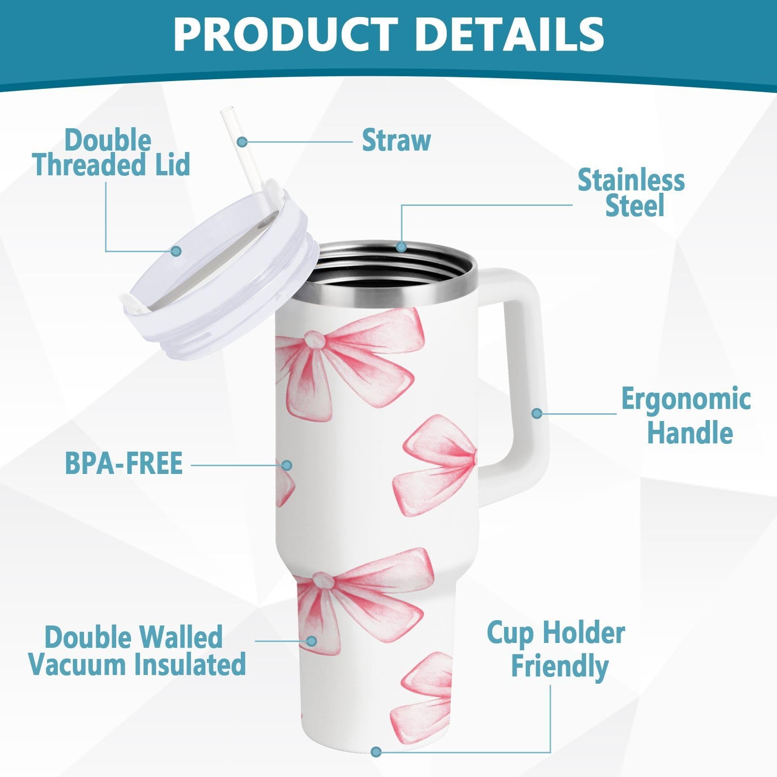 KEEPREAL 40 oz Pink Bow Tie Tumbler with Handle, Insulated Sports Water Bottle with Lid and Straw, Thermal Stainless Steel Travel Coffee Mug Cup