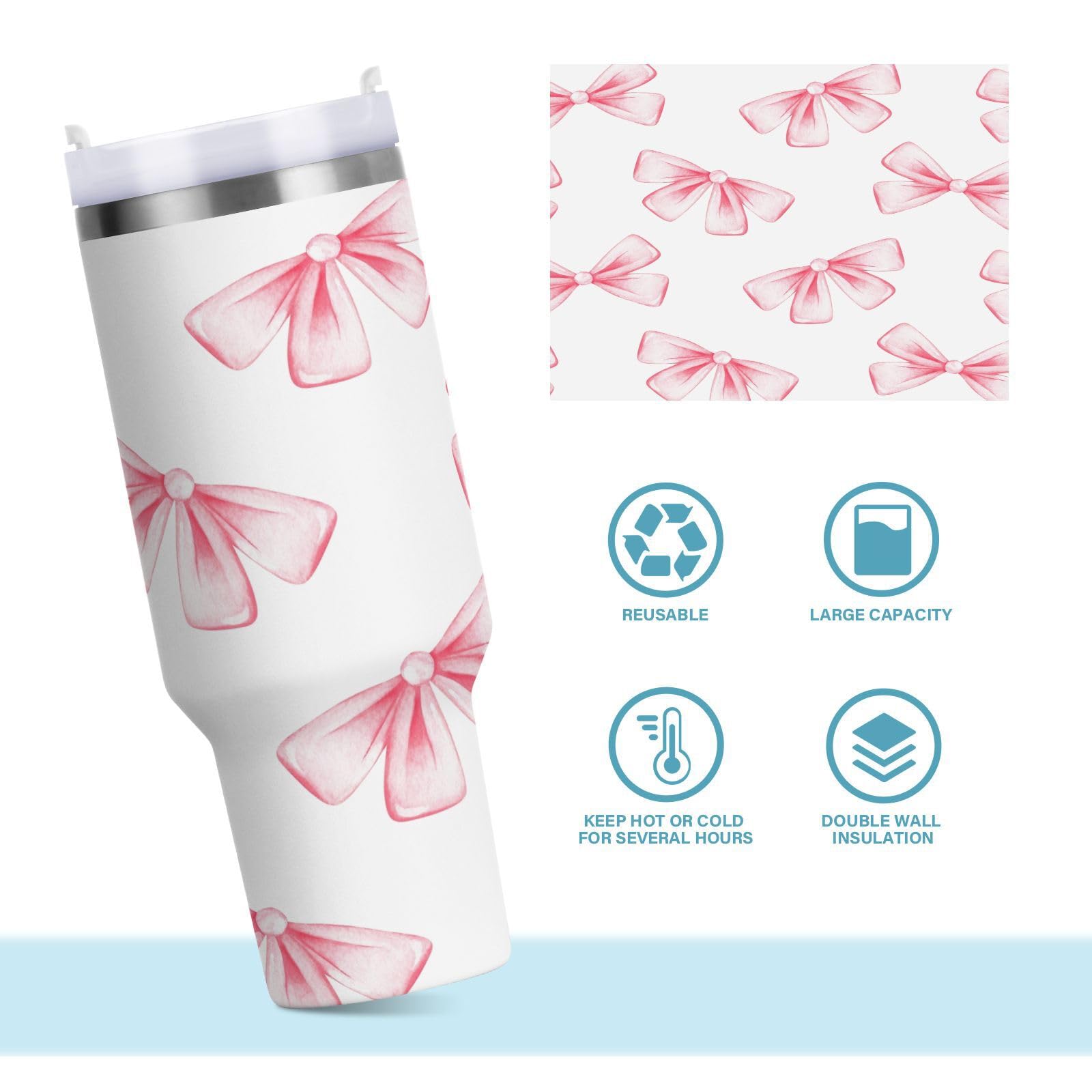 KEEPREAL 40 oz Pink Bow Tie Tumbler with Handle, Insulated Sports Water Bottle with Lid and Straw, Thermal Stainless Steel Travel Coffee Mug Cup