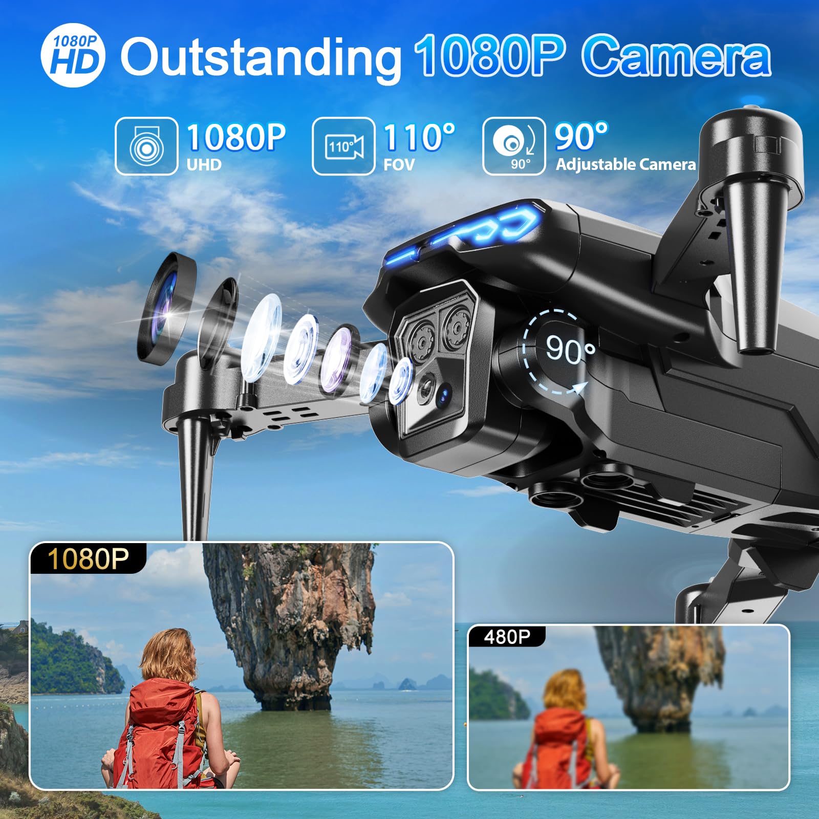 Naseto Drone with Camera 1080P HD, FPV Foldable Drone for Adults Kids, One-Key Take Off/ Landing, 3D Flips, Altitude Hold, Speed Adjustment, Headless Mode, 2 Batteries, Toys Gifts for Boys Girls, Beginner