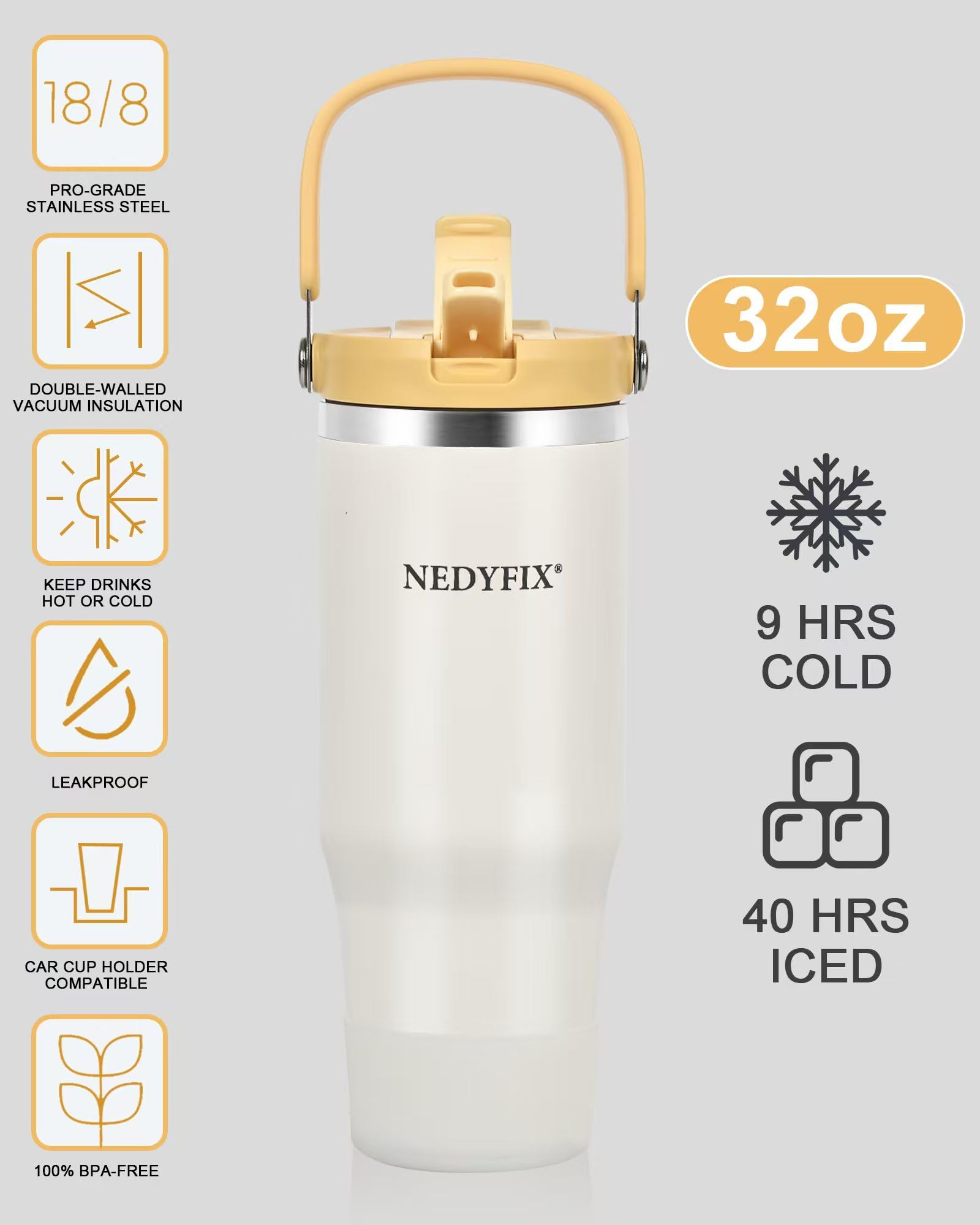 Nedyfix 32 Oz Tumbler with Handle Vacuum Insulated Water Bottle Stainless Steel Tumbler Car Reusable Cup Cold for 12 Hours-Beige White