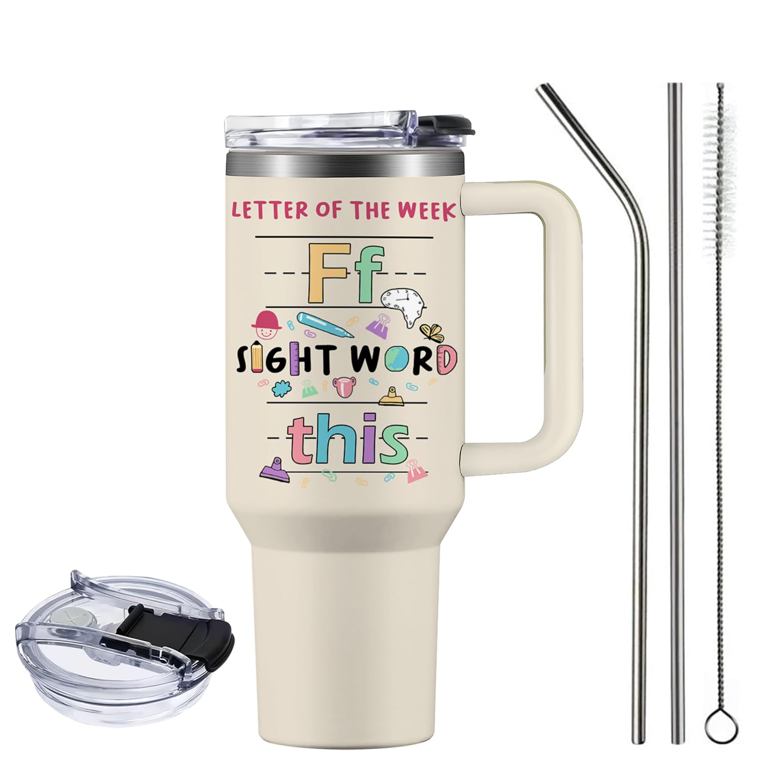 Teacher Gifts for Women, 40oz Teacher Tumbler with Handle, Teacher Appreciation Gifts, Best Teachers Gifts for Birthday Christmas Graduation Back to School Letter of the Week FF Sight World This cup