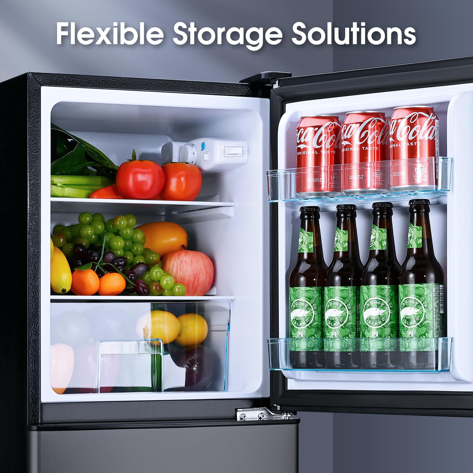 Anypro Fridge with Bottom Freezer and Drawer, 4.1 Cu.Ft Double Door Refrigerator with 7 Adjustable Temperature Settings for Bedroom, Dorm, Office, Apartment, Large Capacity, Black