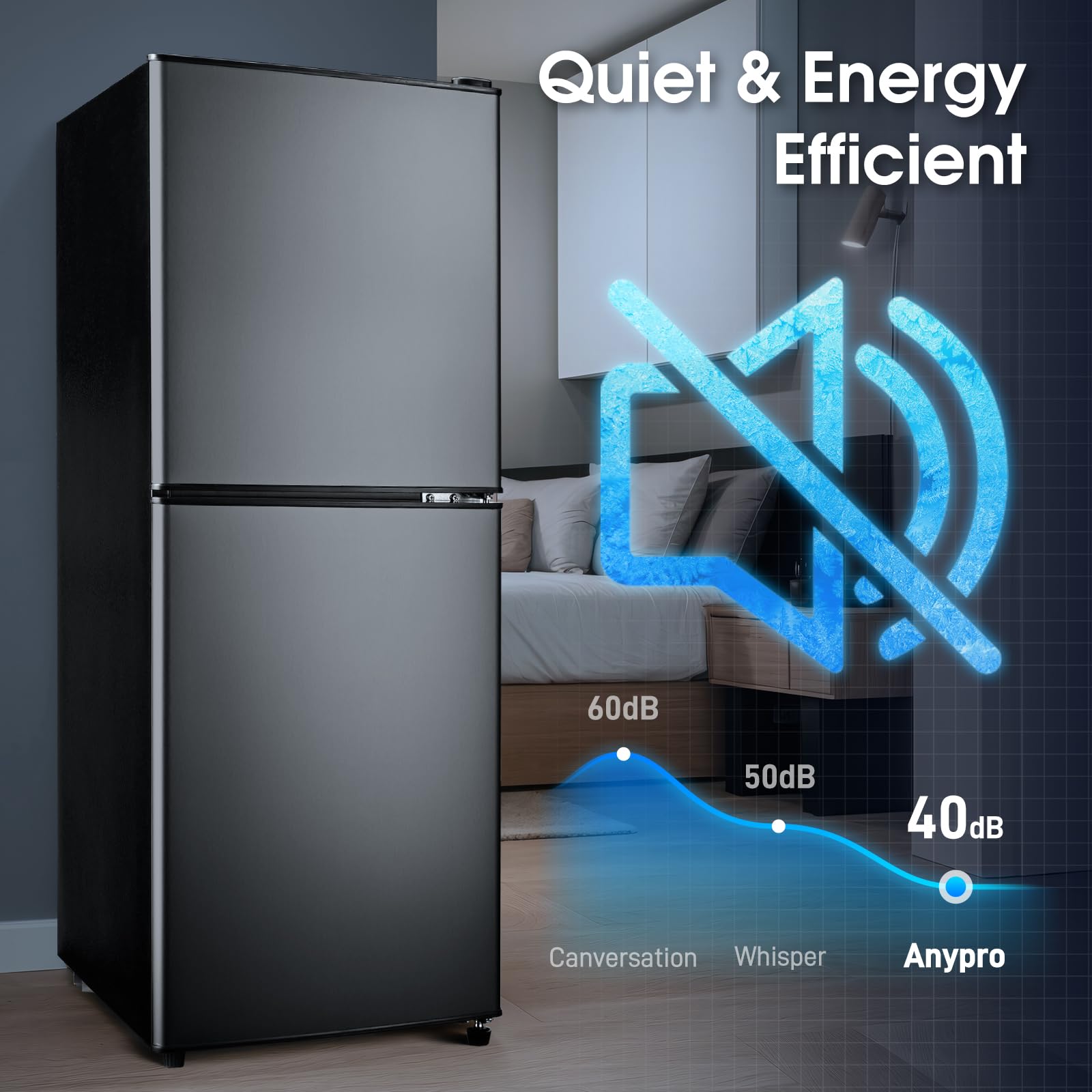 Anypro Fridge with Bottom Freezer and Drawer, 4.1 Cu.Ft Double Door Refrigerator with 7 Adjustable Temperature Settings for Bedroom, Dorm, Office, Apartment, Large Capacity, Black