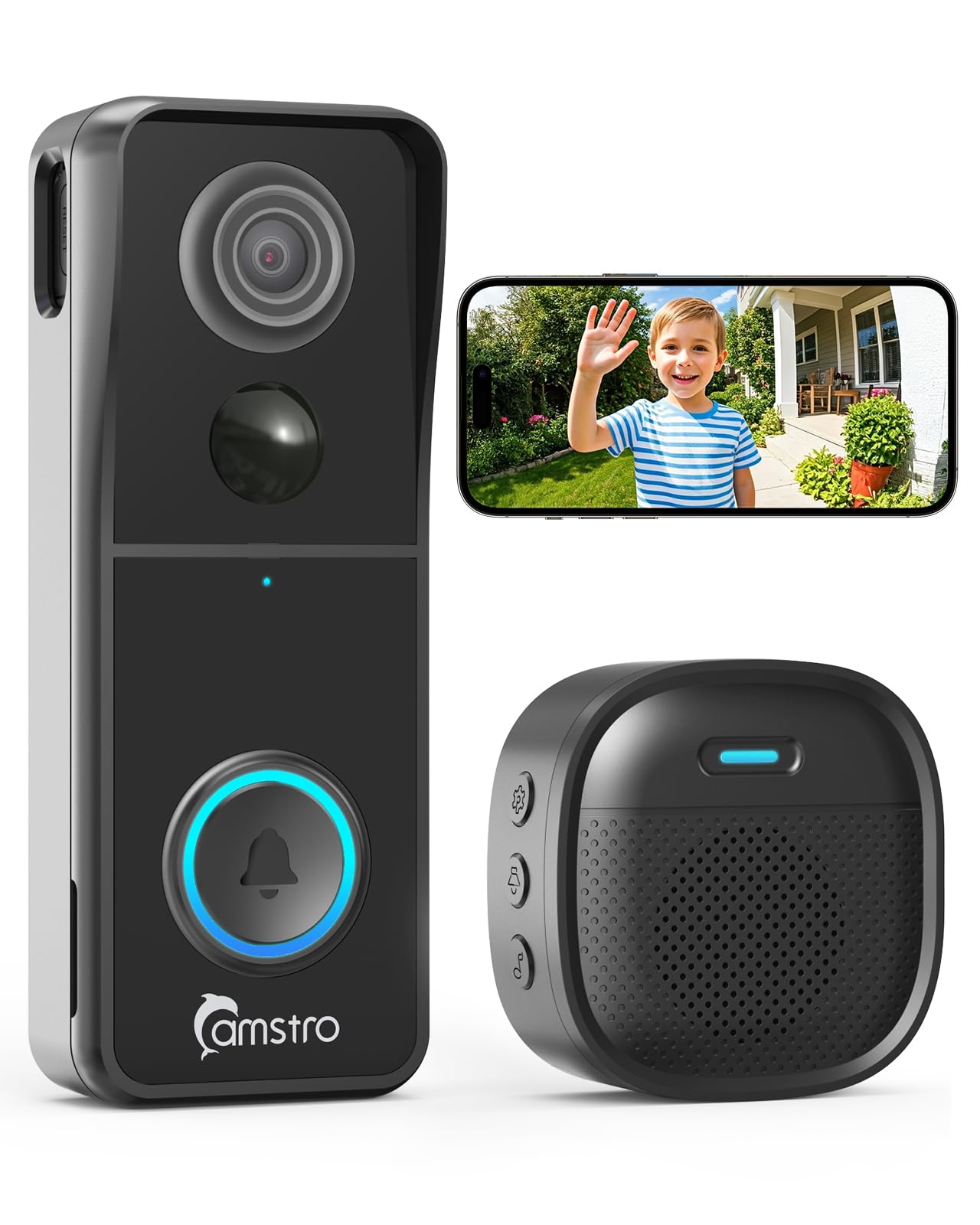CAMSTRO Doorbell Camera Wireless - 3K Video Doorbell with Chime, 2.4G WiFi Outdoor Security Cemera,Smart Human Detection, 2-Way Audio,Voice Changer,Night Vision,Works with Alexa and Google Assistant