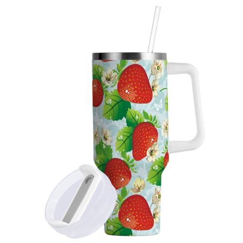 Wfrish Tumbler with Handle and Straw Lid,Red Ripe Strawberry Flowers Blue 40 oz Insulated Coffee Cup Stainless Steel Fruit Water Bottle Travel Mug Cupholder Friendly,Gifts for Women Men