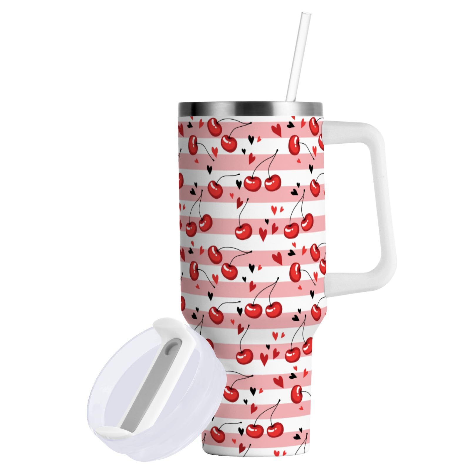 Tumbler with Handle and Straw Lid,Cute Cherry White Pink Striped 40 oz Insulated Coffee Cup Stainless Steel Fruit Water Bottle Travel Mug Cupholder Friendly,Gifts for Women Men