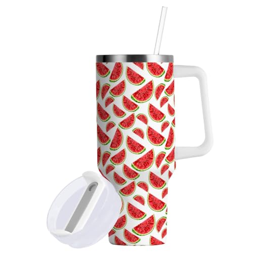 Wfrish Tumbler with Handle and Straw Lid,Vintage Red Watermelon Fruit 40 oz Insulated Coffee Cup Stainless Steel Water Bottle Travel Mug Cupholder Friendly,Gifts for Women Men