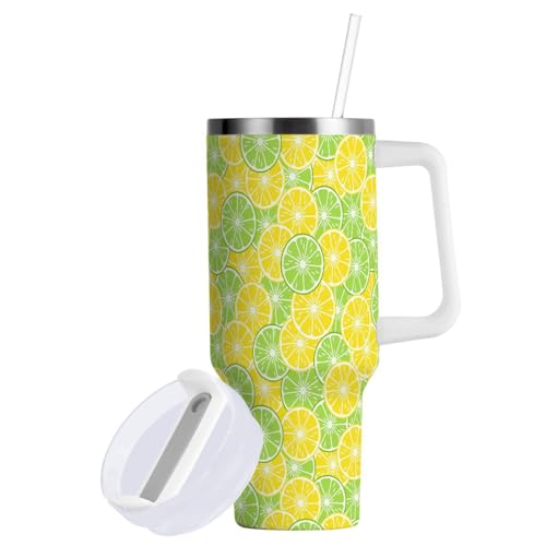 Wfrish Tumbler with Handle and Straw Lid,Round Slices Lime Lemon Yellow Green 40 oz Insulated Coffee Cup Stainless Steel Fruit Water Bottle Travel Mug Cupholder Friendly,Gifts for Women Men