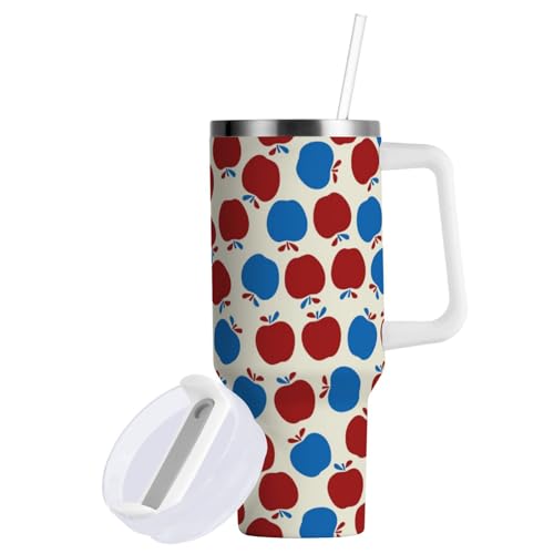 Wfrish Tumbler with Handle and Straw Lid,Red Blue Apple Print 40 oz Insulated Coffee Cup Stainless Steel Fruit Water Bottle Travel Mug Cupholder Friendly,Gifts for Women Men
