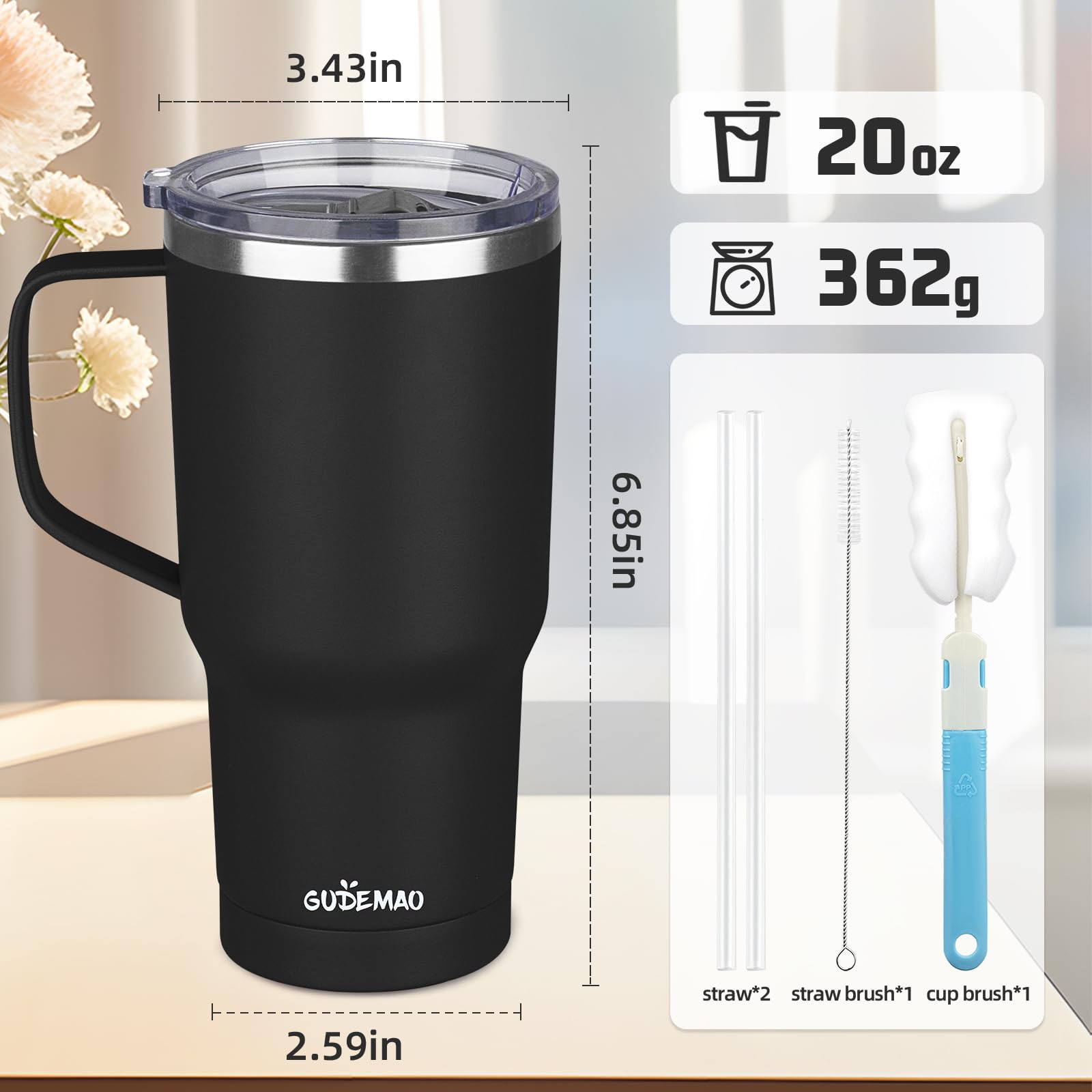 20 oz Insulated Coffee Mug with Ceramic Coating, Stainless Steel Travel Mug Tumbler with Handle Lid and Straw, Double Wall Leak-Proof Thermos Coffee Travel Mug Keeps Drink Hot and Cold (Black)