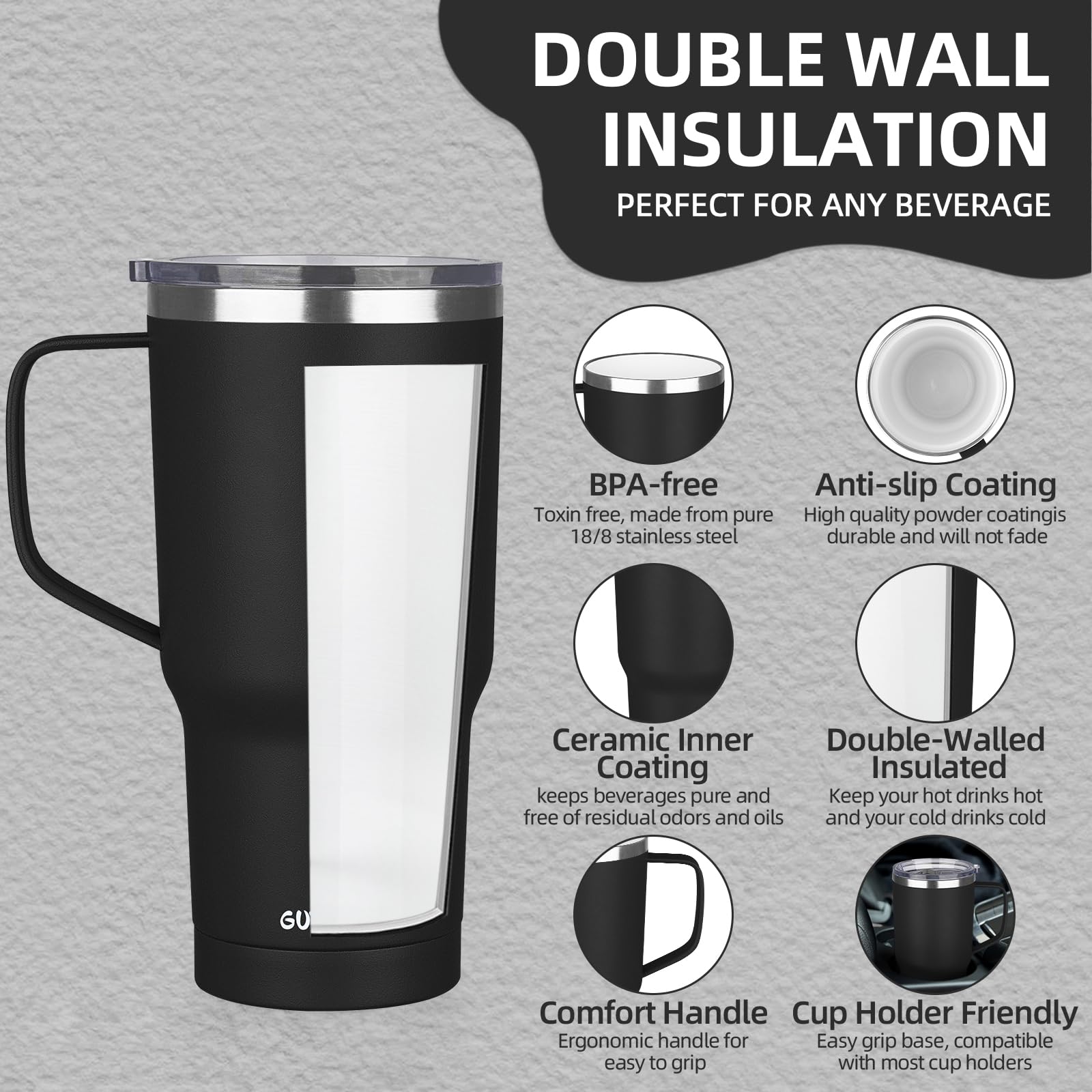 20 oz Insulated Coffee Mug with Ceramic Coating, Stainless Steel Travel Mug Tumbler with Handle Lid and Straw, Double Wall Leak-Proof Thermos Coffee Travel Mug Keeps Drink Hot and Cold (Black)
