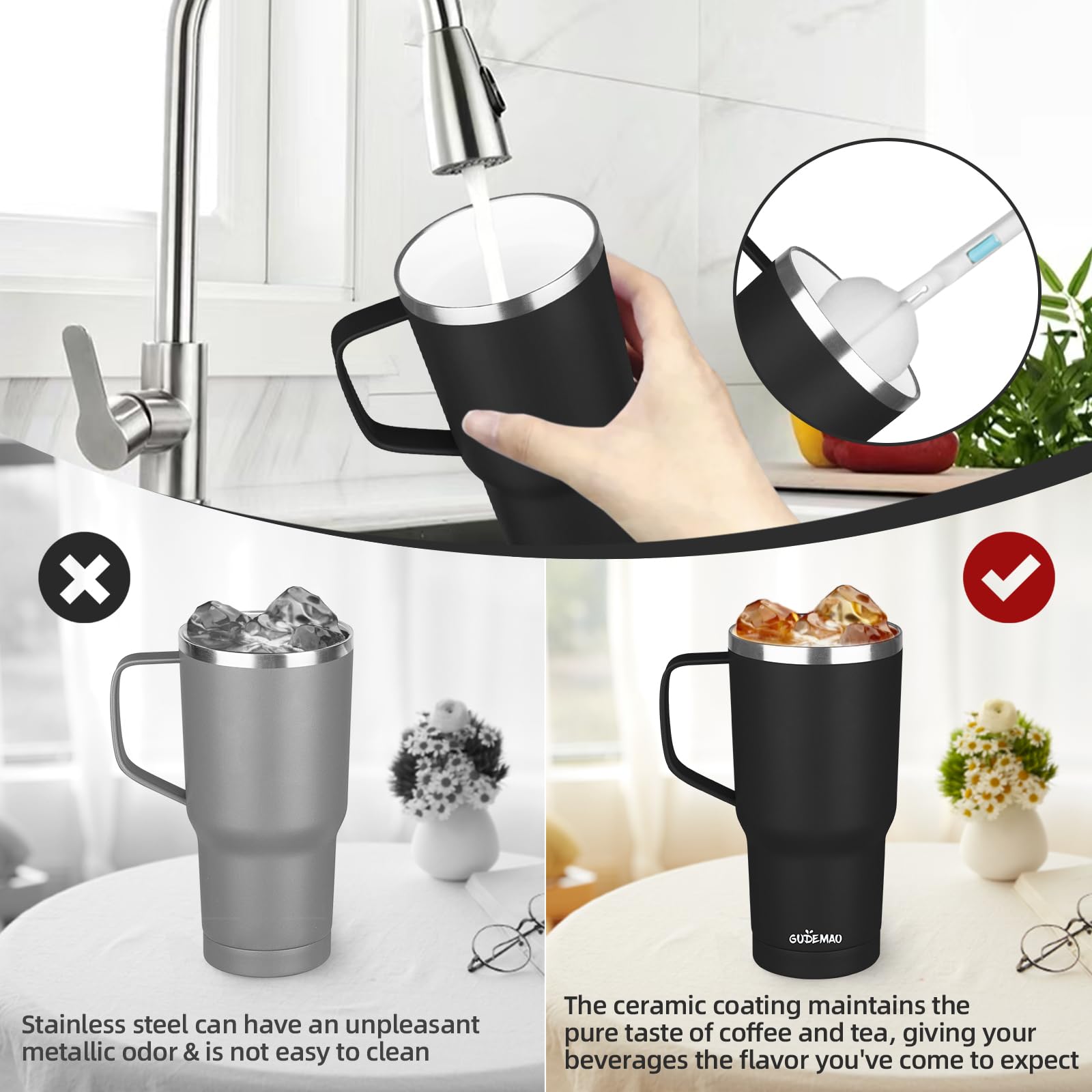 20 oz Insulated Coffee Mug with Ceramic Coating, Stainless Steel Travel Mug Tumbler with Handle Lid and Straw, Double Wall Leak-Proof Thermos Coffee Travel Mug Keeps Drink Hot and Cold (Black)