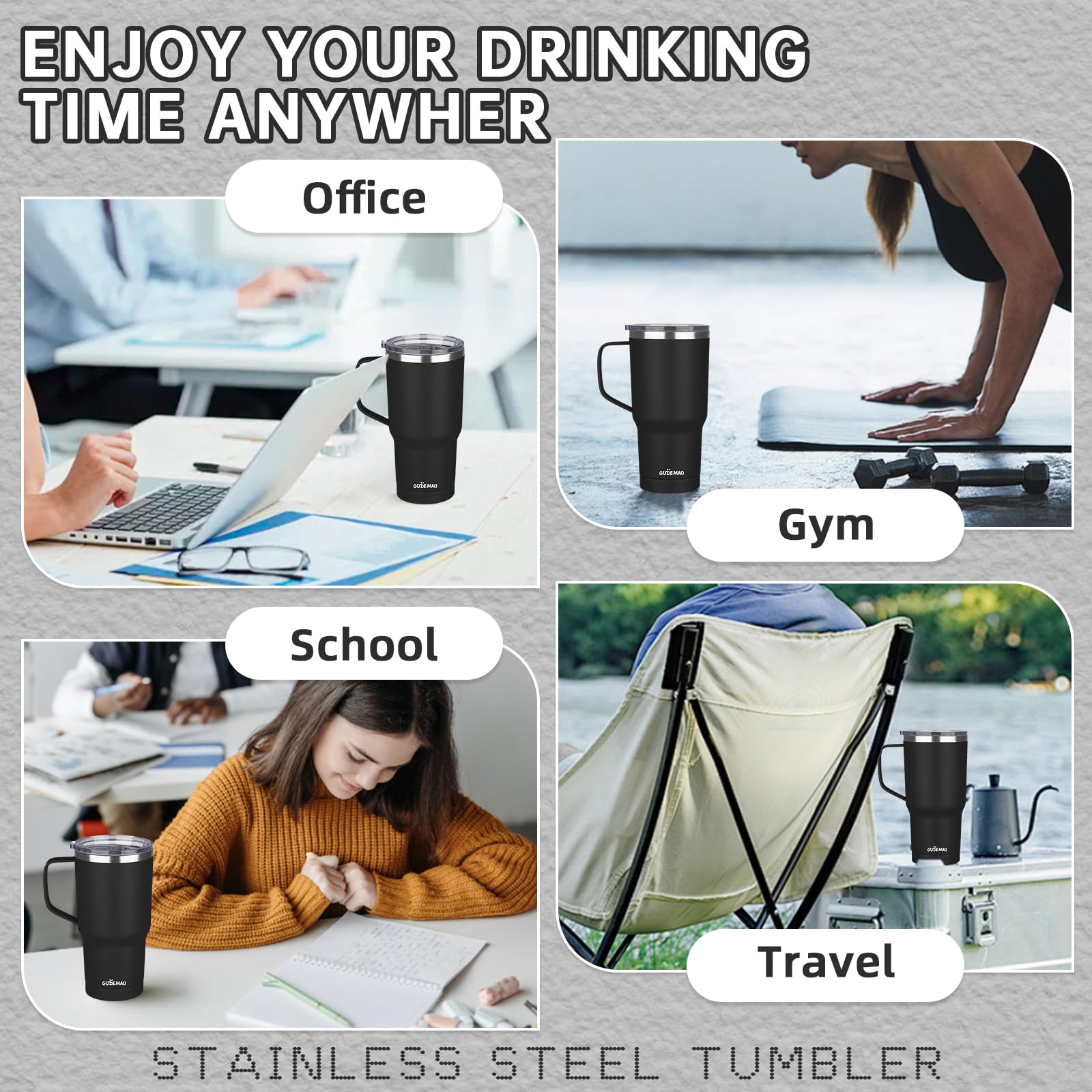 20 oz Insulated Coffee Mug with Ceramic Coating, Stainless Steel Travel Mug Tumbler with Handle Lid and Straw, Double Wall Leak-Proof Thermos Coffee Travel Mug Keeps Drink Hot and Cold (Black)
