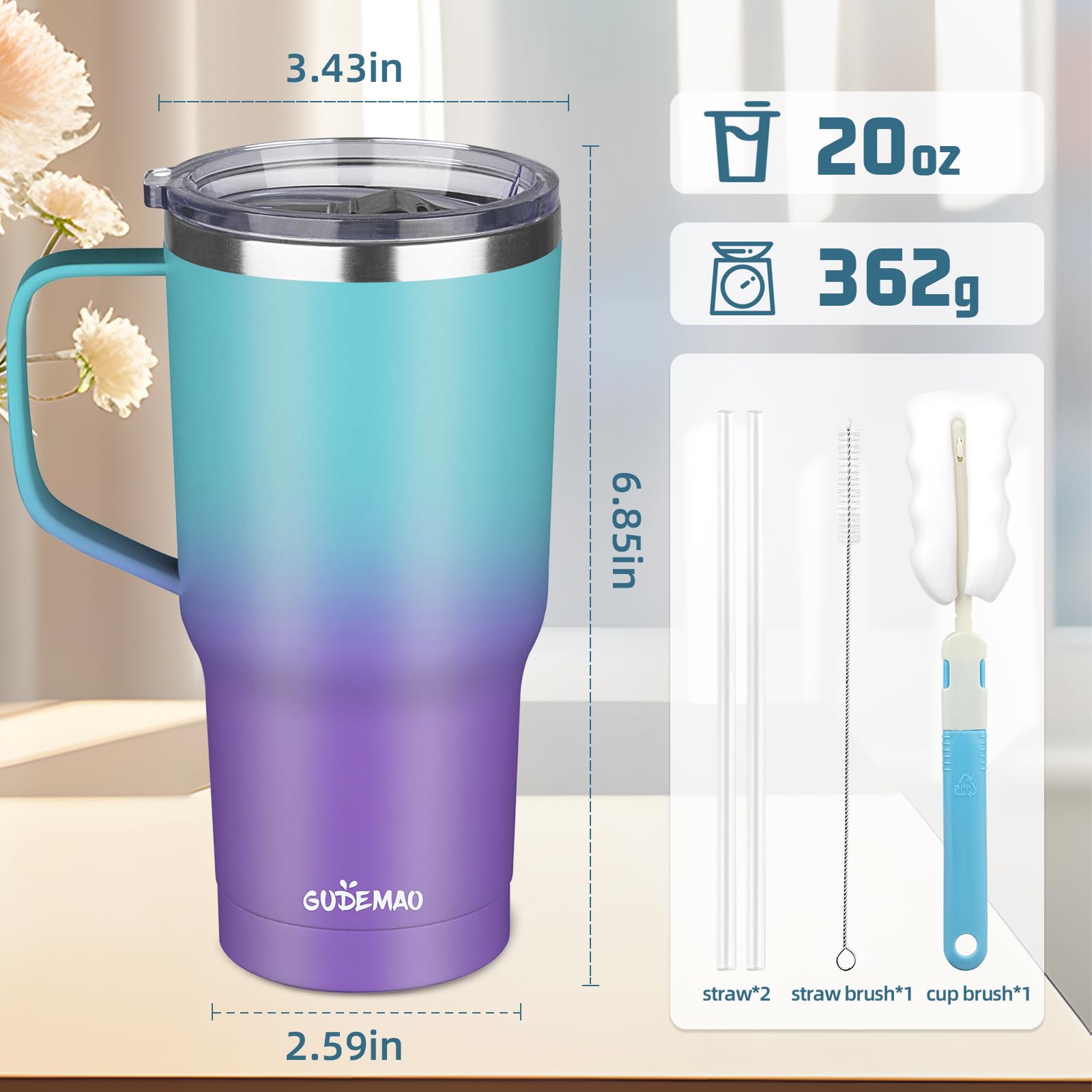 20 oz Insulated Coffee Mug with Ceramic Coating, Stainless Steel Travel Mug Tumbler with Handle Lid and Straw, Double Wall Leak-Proof Thermos Coffee Travel Mug Keeps Drink Hot and Cold (Azure Purple)