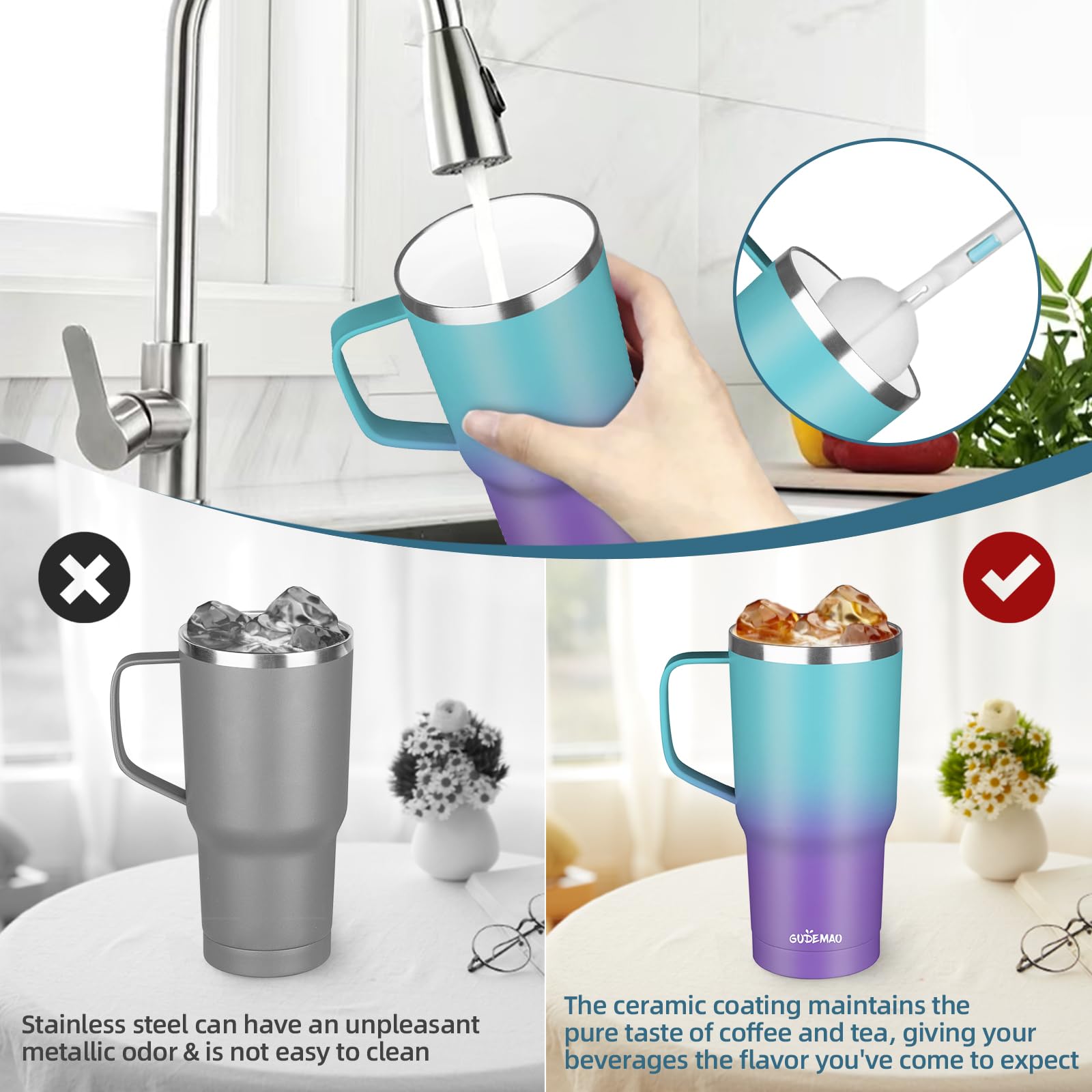 20 oz Insulated Coffee Mug with Ceramic Coating, Stainless Steel Travel Mug Tumbler with Handle Lid and Straw, Double Wall Leak-Proof Thermos Coffee Travel Mug Keeps Drink Hot and Cold (Azure Purple)