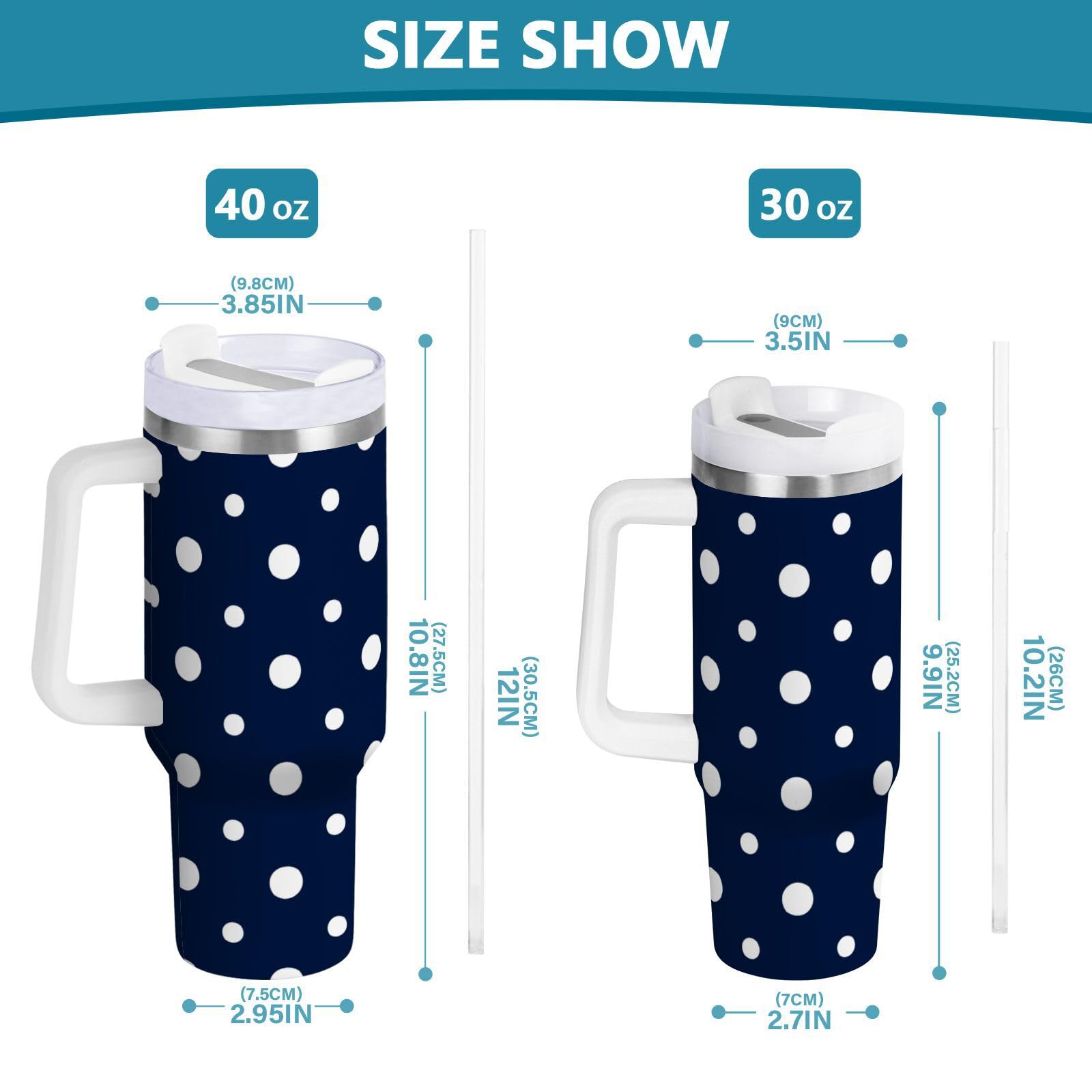 RPLIFE Navy Blue Polka Dots Stainless Steel Mug, Insulated Water Bottle with Straw, Tumbler for Men