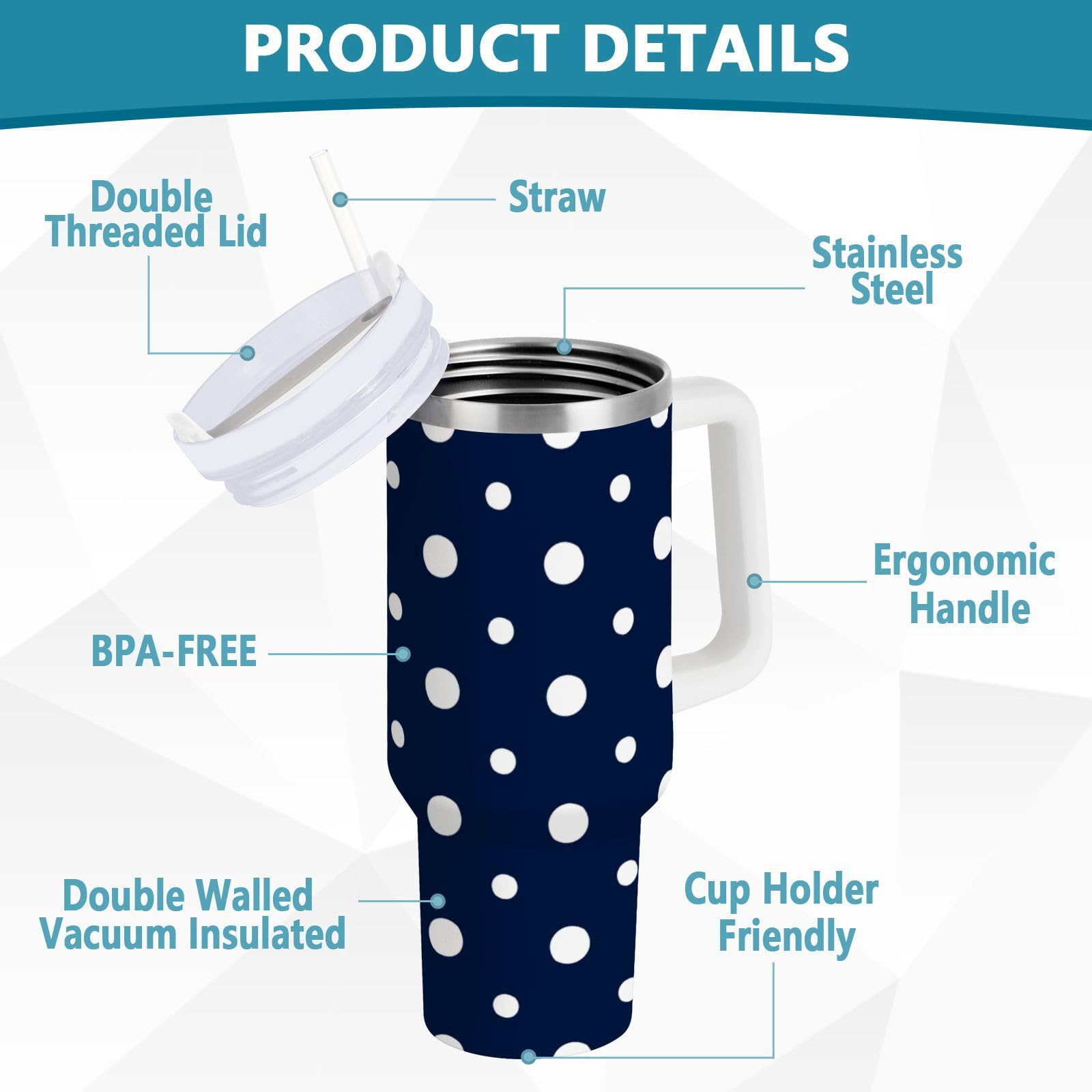 RPLIFE Navy Blue Polka Dots Stainless Steel Mug, Insulated Water Bottle with Straw, Tumbler for Men