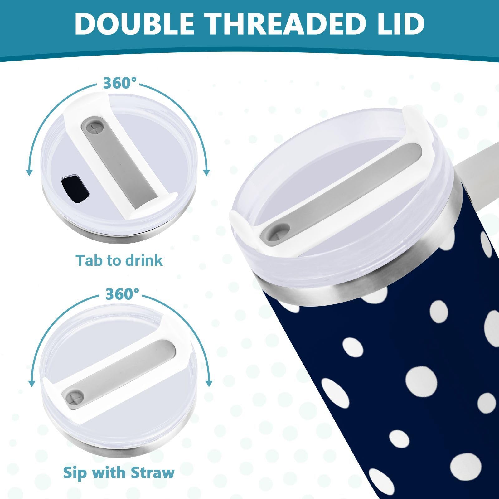 RPLIFE Navy Blue Polka Dots Stainless Steel Mug, Insulated Water Bottle with Straw, Tumbler for Men