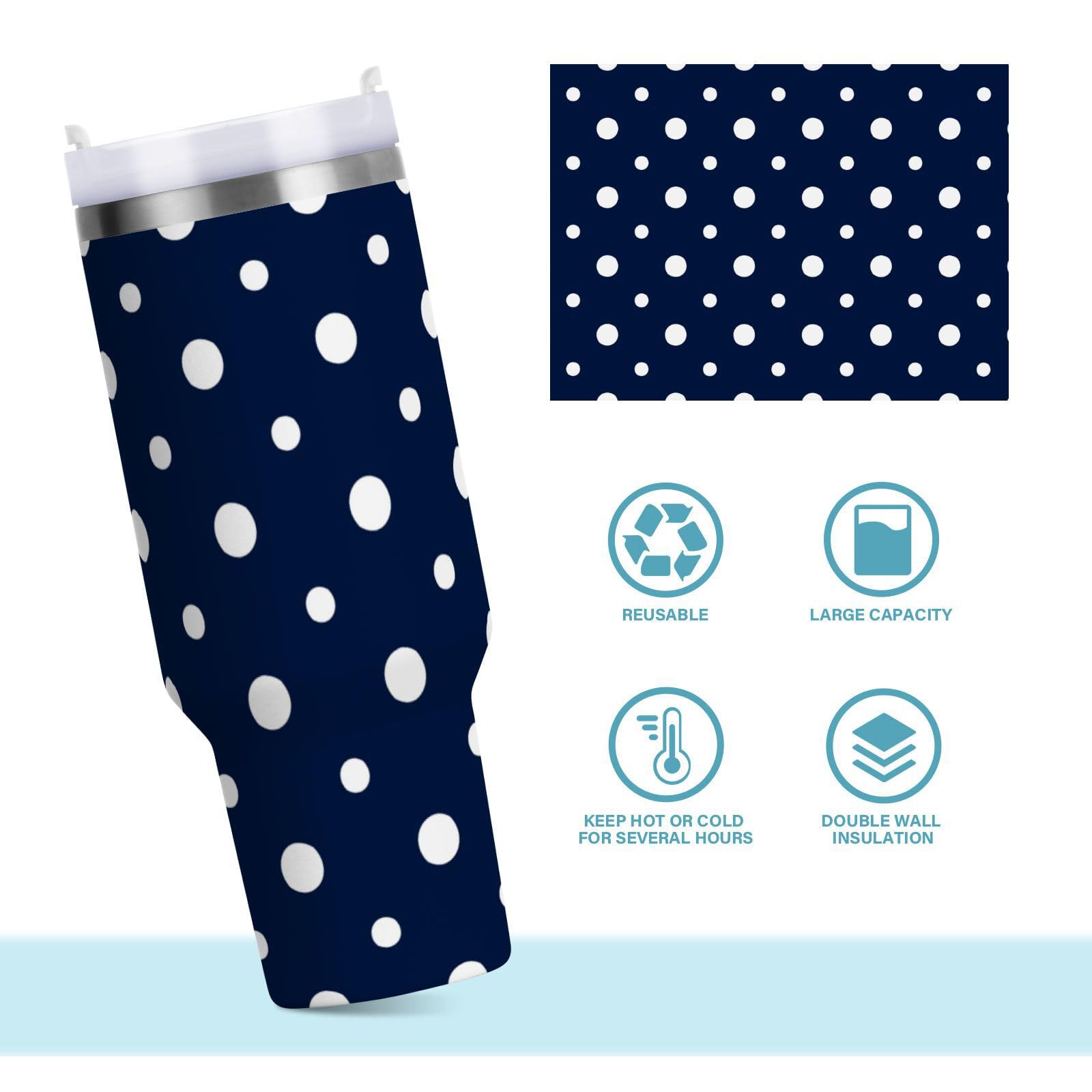 RPLIFE Navy Blue Polka Dots Stainless Steel Mug, Insulated Water Bottle with Straw, Tumbler for Men