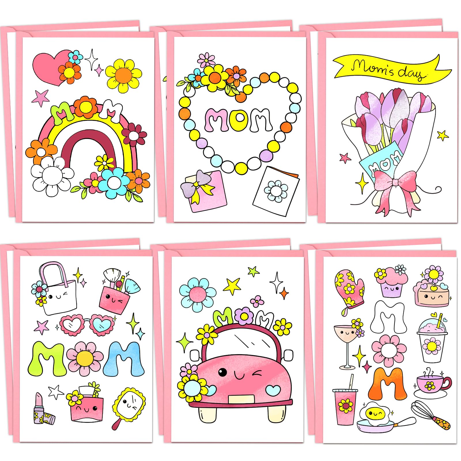 Fancy Land Color Your Own Mother's Day Cards for Kids Classroom Crafts Mom's Day Greeting Cards with Envelopes for DIY Birthday Gifts School Activities Party Favors Supplies 12Pcs
