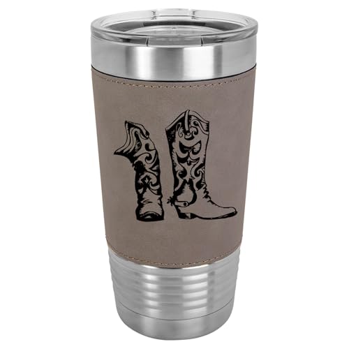 20 oz Leather Tumbler Stainless Steel Insulated Travel Mug Cup Gift Cowboy Cowgirl Boots (Gray)