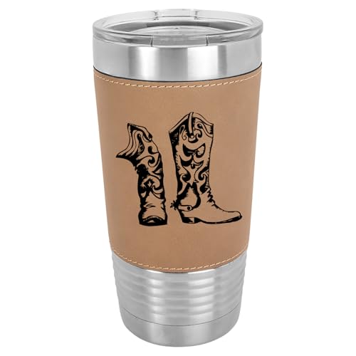 20 oz Leather Tumbler Stainless Steel Insulated Travel Mug Cup Gift Cowboy Cowgirl Boots (Brown)