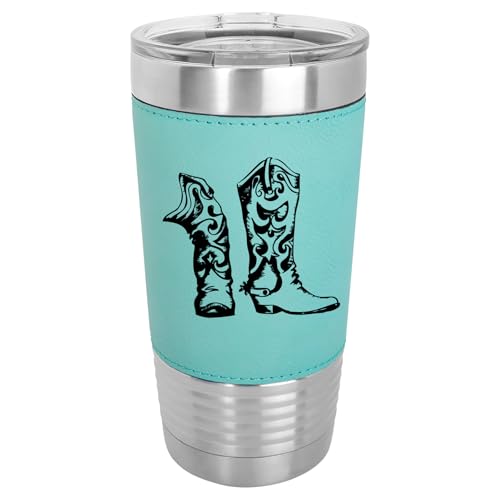 20 oz Leather Tumbler Stainless Steel Insulated Travel Mug Cup Gift Cowboy Cowgirl Boots (Teal)