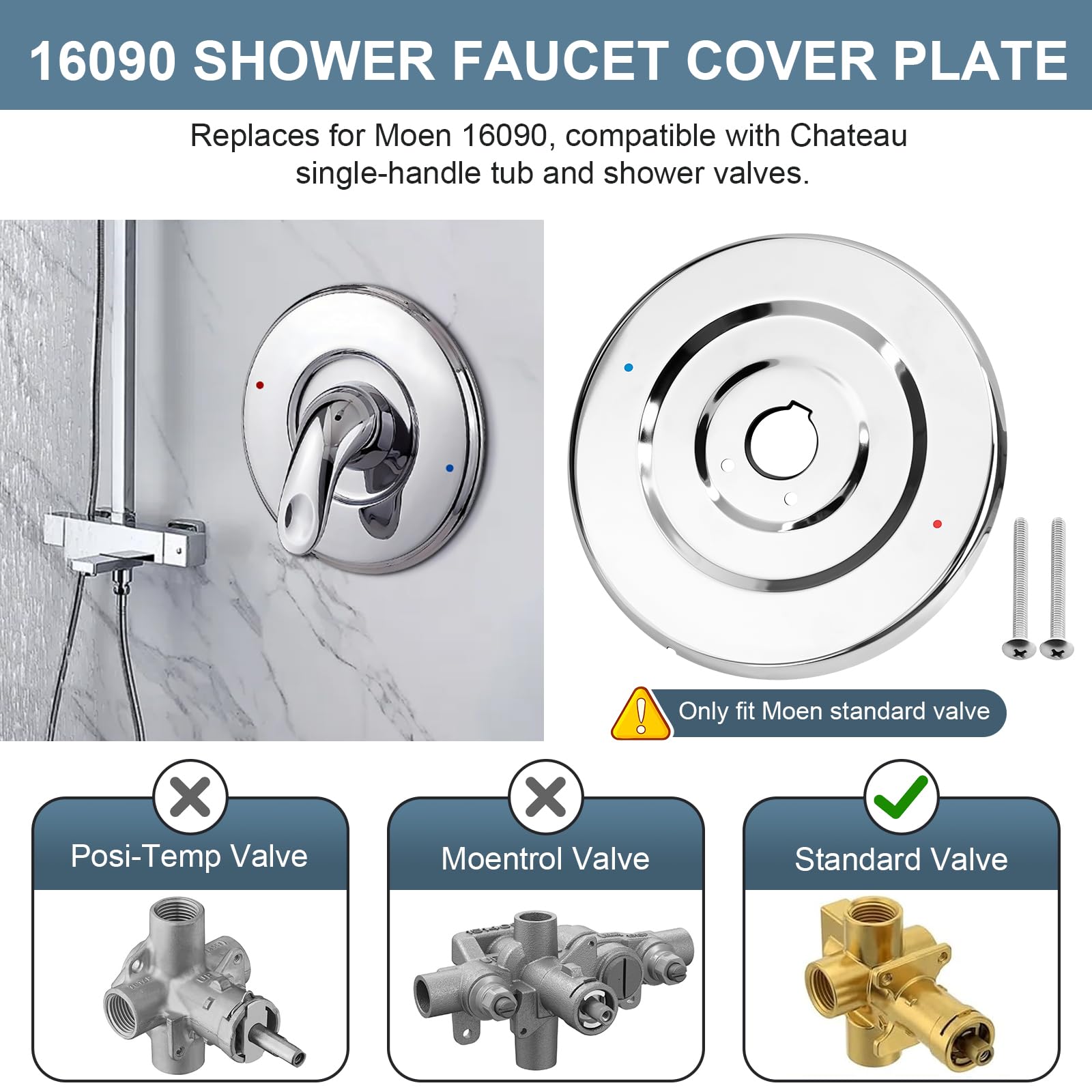 Shower Faucet Cover Plate Replacement for Moen 16090, Shower Escutcheon Plate Compatible with Most Chateau Single-handle Tub and Shower Faucets, Shower Trim Kit Parts