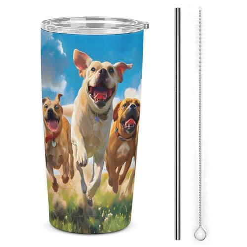 KIOWEIR Dogs Running Stainless Steel Tumbler 20oz With Lid And Straw, Insulated Tumblers Coffee Cup, Travel Mug for Ice Drink & Hot Beverage for Women Men Boys Girls