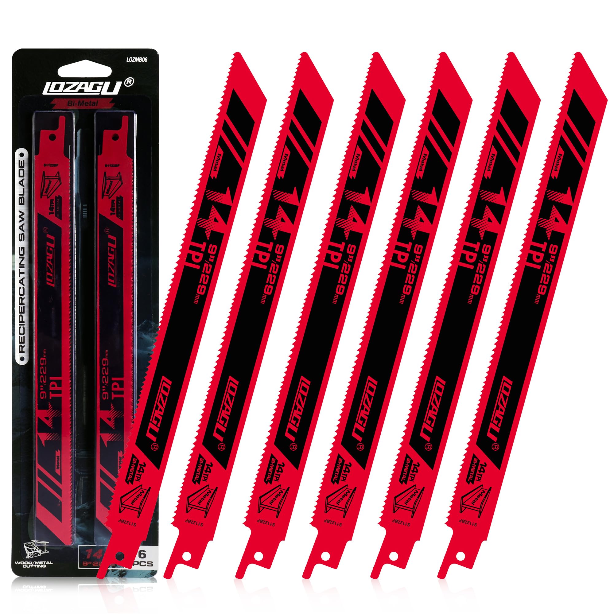 LOZAGU 6-Piece Metal Reciprocating Saw Blades, 9"/229mm 14TPI Bi-Metal Sabre Saw for Metal Pipe, Sheet, Rebar