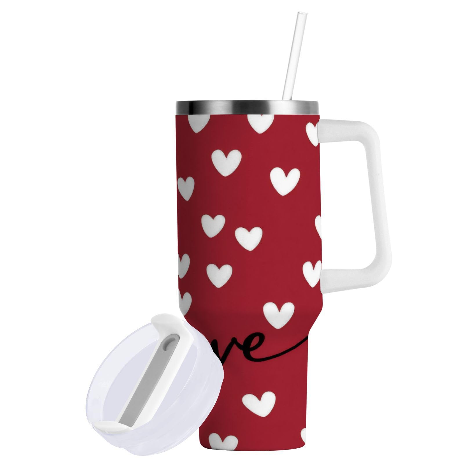 FLildon 30oz Tumbler with Handle and Straw Lid, Red Love Valentine's Day Insulated Coffee Mug Stainless Steel Water Bottle Leakproof Vacuum Travel Coffee Cup