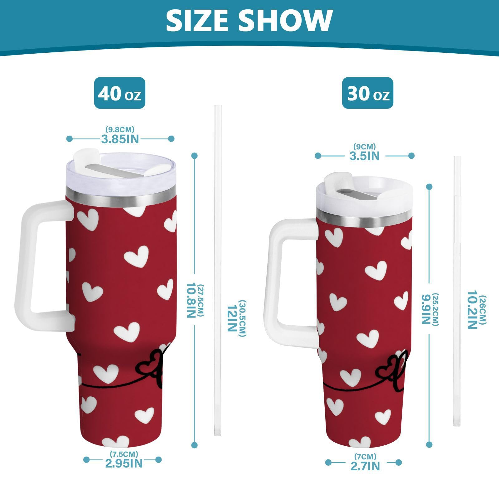 FLildon 30oz Tumbler with Handle and Straw Lid, Red Love Valentine's Day Insulated Coffee Mug Stainless Steel Water Bottle Leakproof Vacuum Travel Coffee Cup
