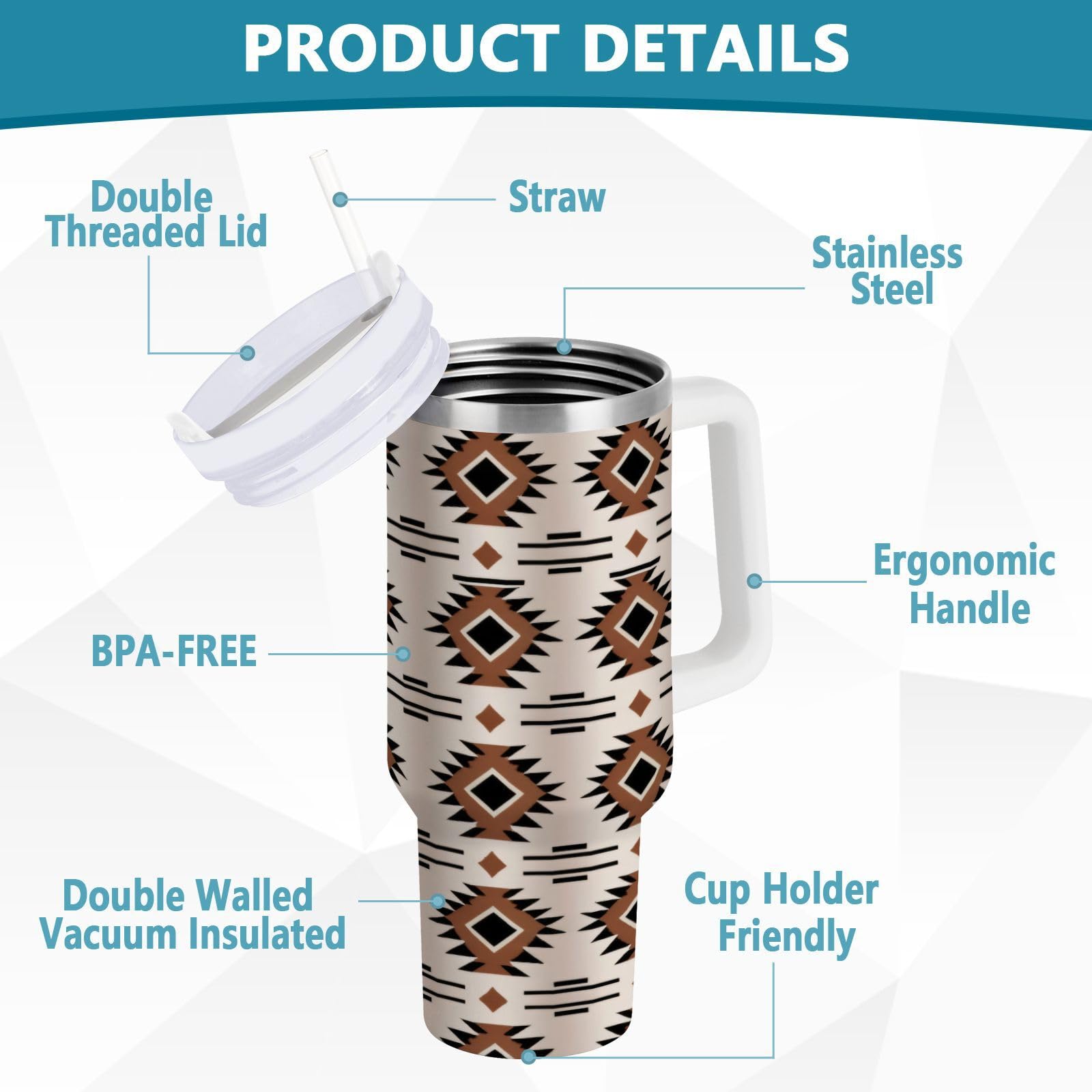 FLildon 40oz Tumbler with Handle and Straw Lid, Western Aztec Insulated Coffee Mug Stainless Steel Water Bottle Leakproof Vacuum Travel Coffee Cup